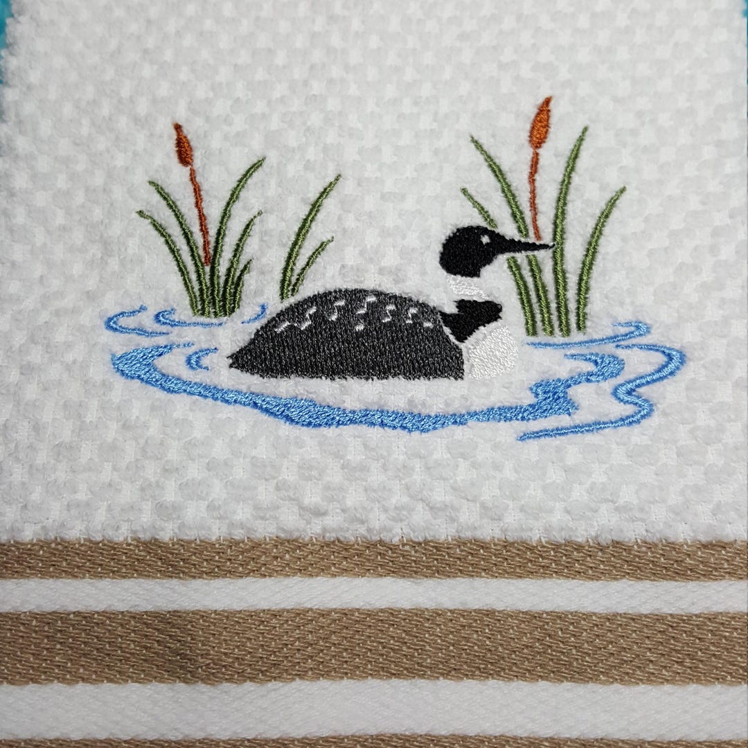 Loon Kitchen Towel, Loon Embroidery, Common Loon and Cattails, Cabin ...