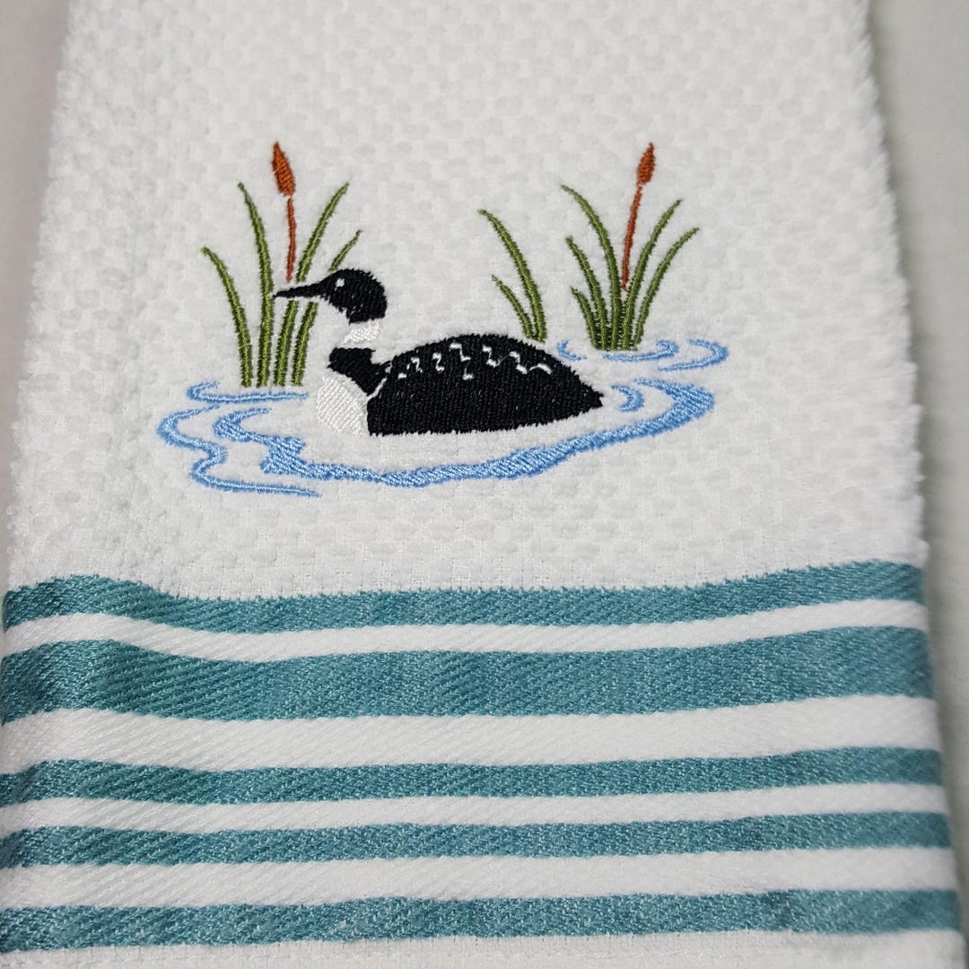 Loon Embroidered Kitchen Towel, Teal Stripes on White Cotton Terry ...