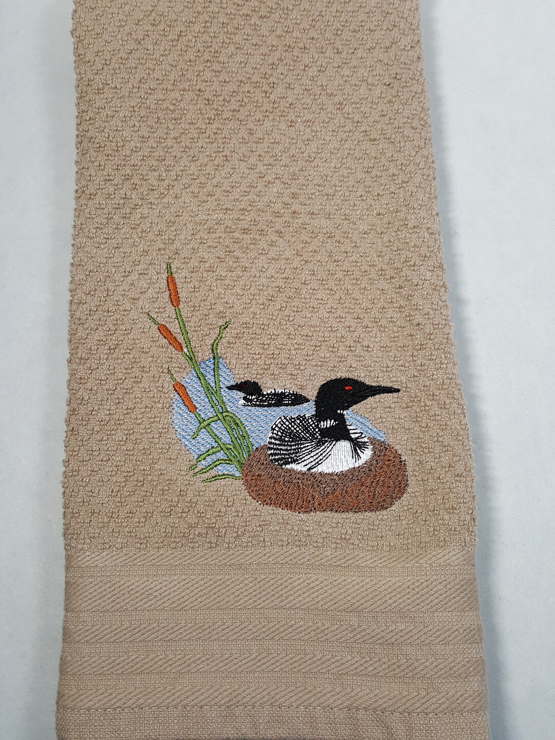 Common Loon Embroidered Kitchen Towel, Nesting Loon, Beige Kitchen ...