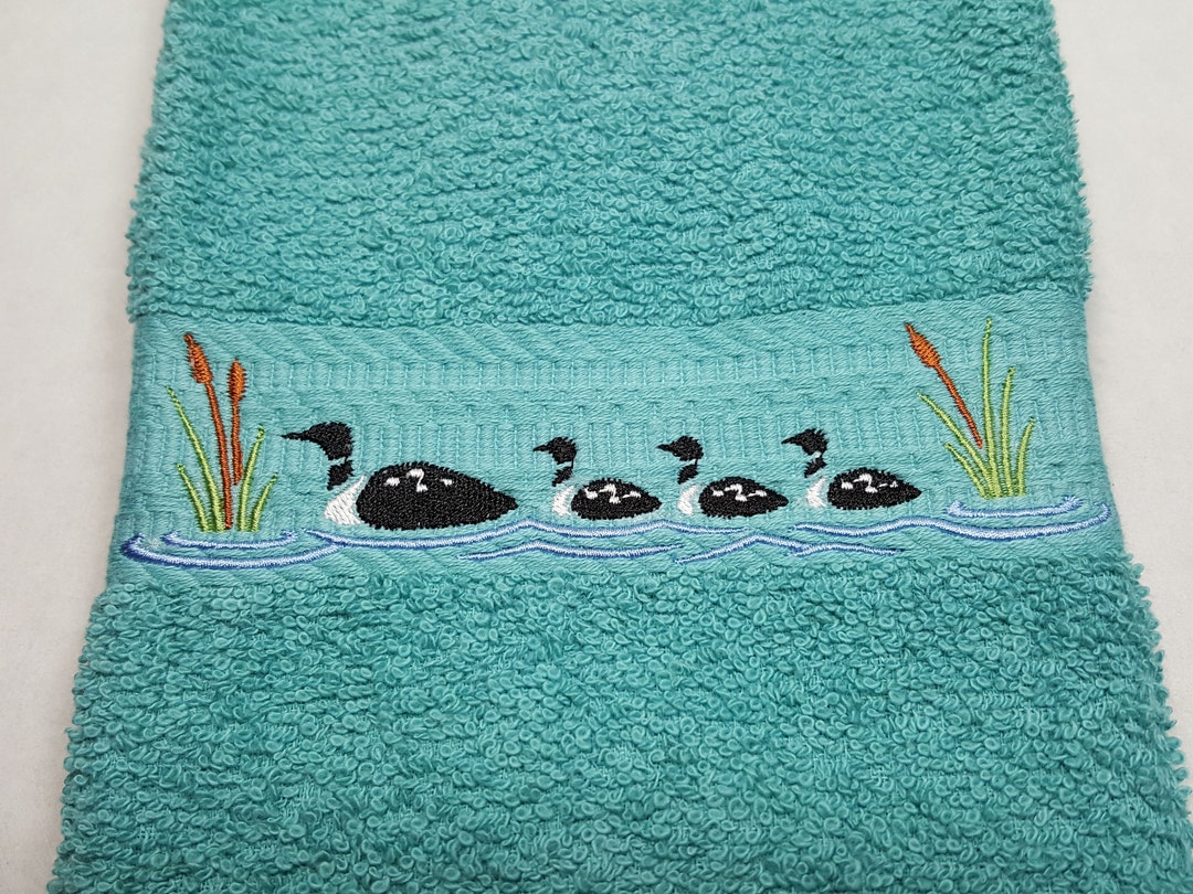 Teal Loon Hand Towel Loon Embroidery Common Loons Bathroom - Etsy