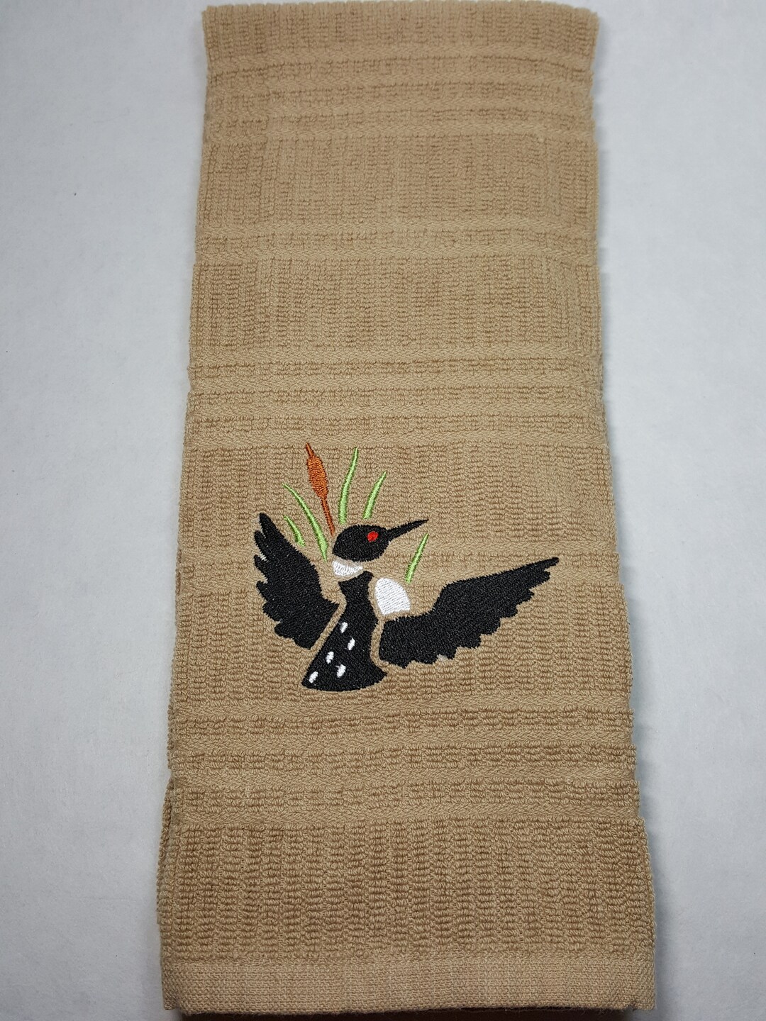 Common Loon Brown Kitchen Towel, Loon Embroidery, Gift Idea for Cabins ...