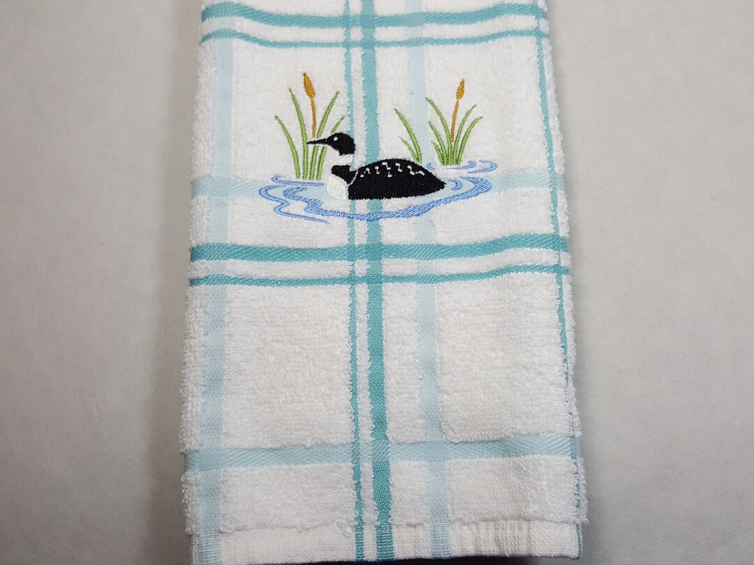 Kitchen Towel With Loon and Cattails, White and Blue Plaid Kitchen ...