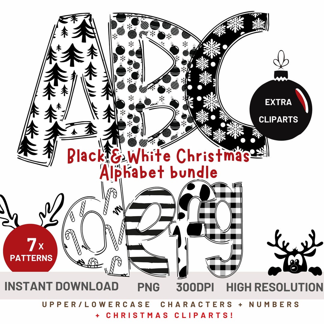 Christmas Alphabet Bundle Black & White | Digital Png Letters ...