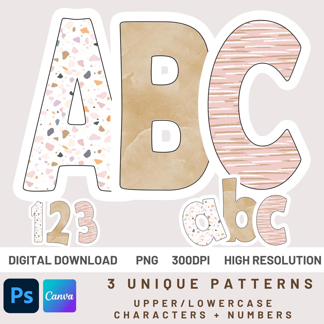 Terrazzo Soft Pink Letters PNG Set | Digital Alphabet A–Z, Numbers ...