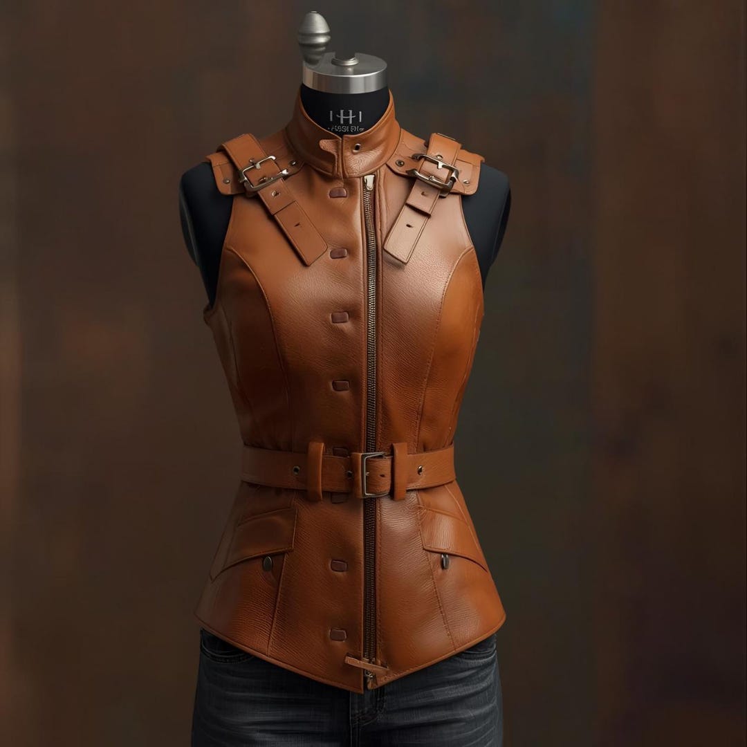 Brown Leather Vest – Zipper Front – Buckle Straps – Belted Waist ...