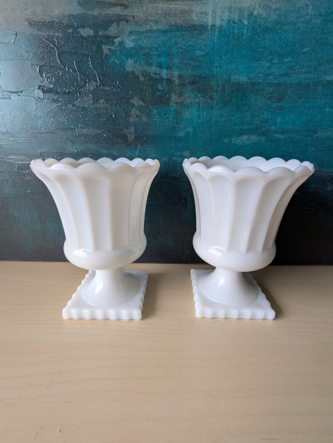 Set of 2 Vintage Footed Vase in White Milk Glass: Scalloped Rim, Fluted ...