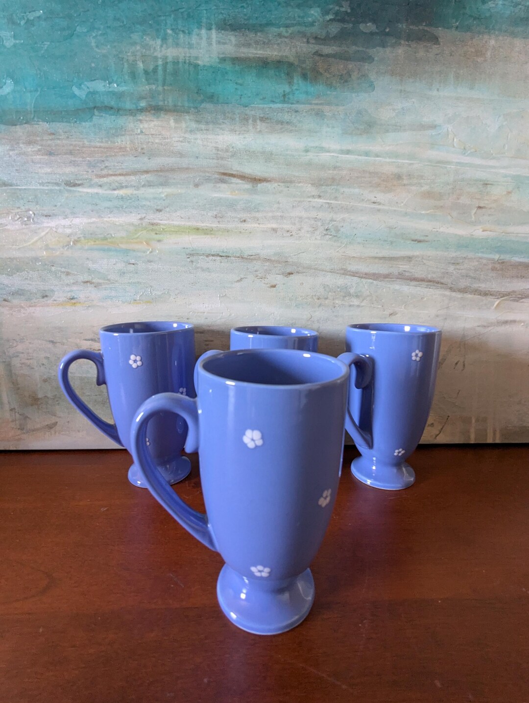 Vintage Ceramic Teacup Set: Blue Floral Relief, Footed Mugs - Etsy