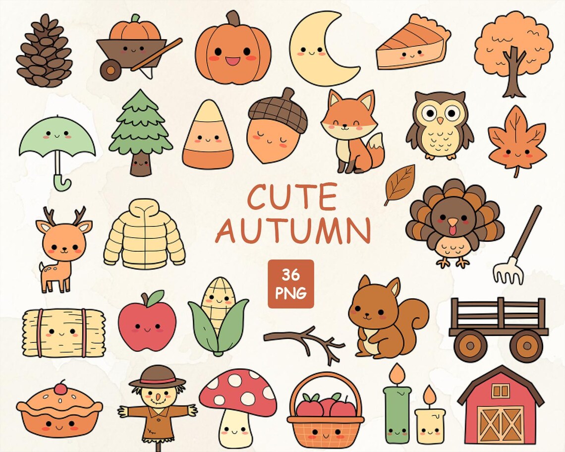 Kawaii Autumn Clipart - Fall Stickers - Digital Download - Etsy