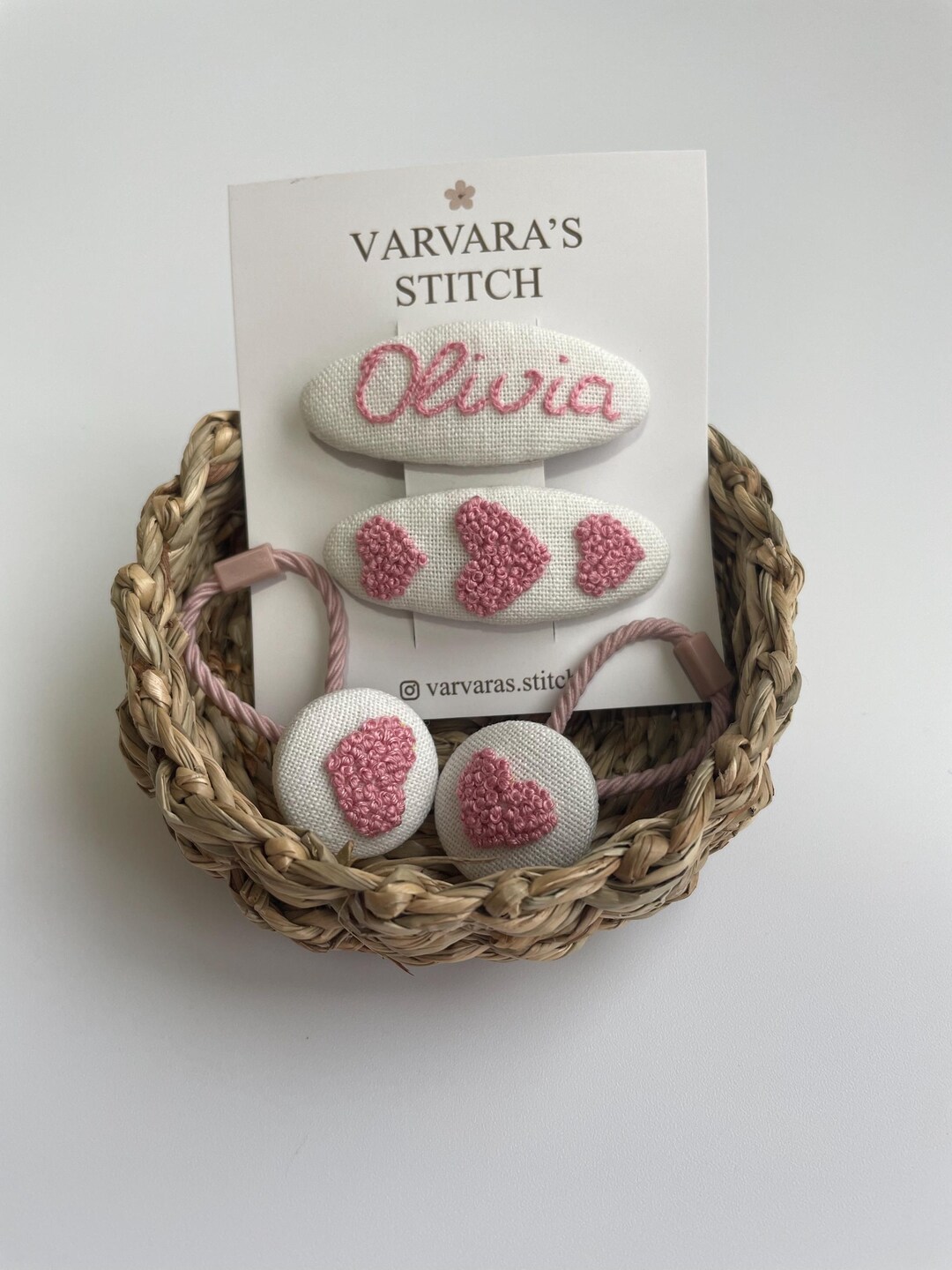 Personalized Embroidered Hair Accessories Set , Linen Hair Clips & Ties ...
