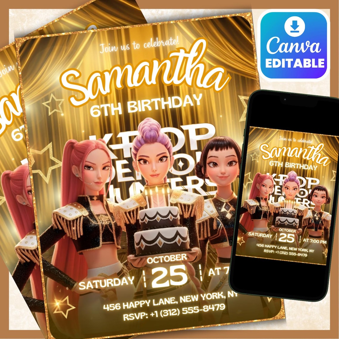 Kpop Demon Hunters Birthday Invitation, Golden Theme, Editable Canva ...