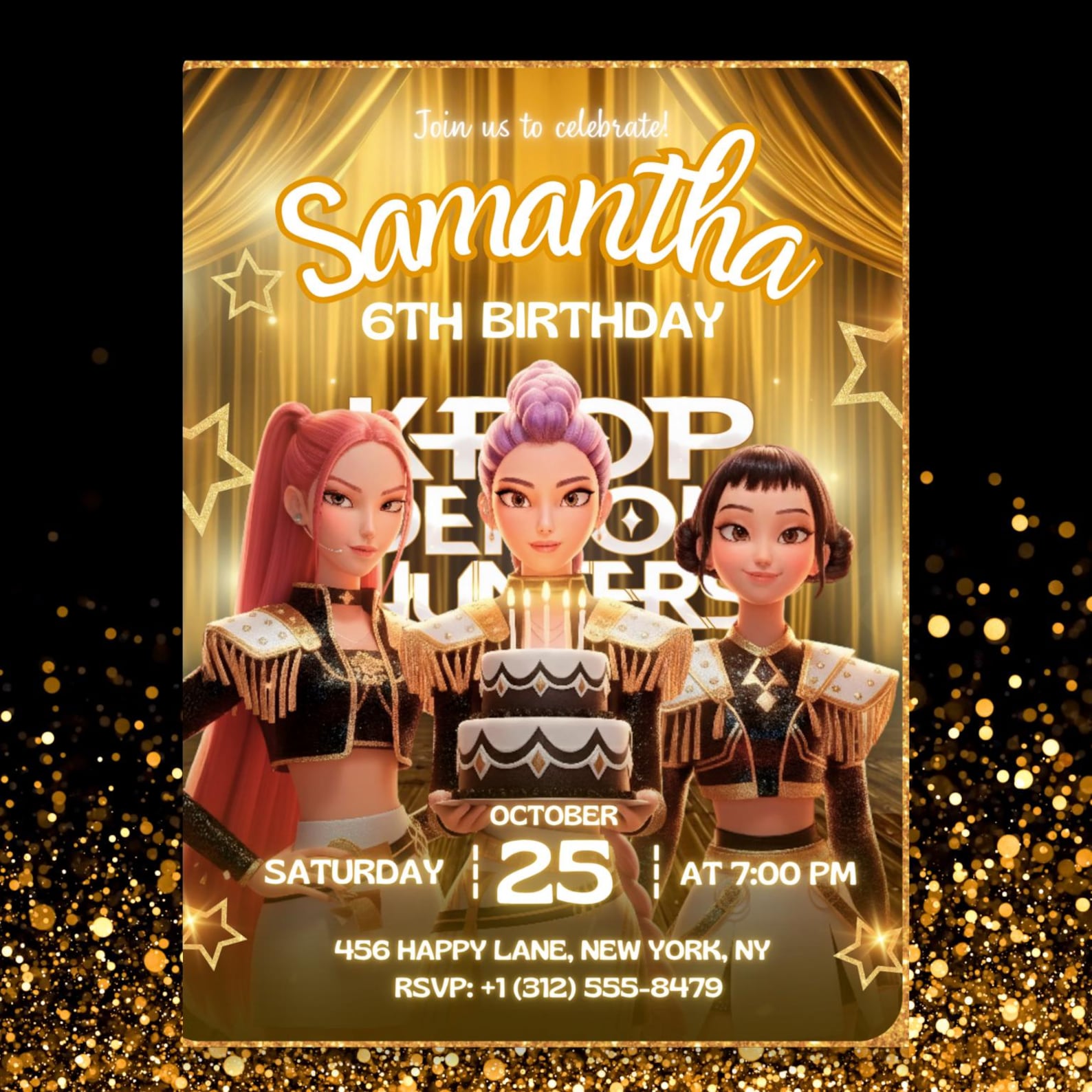 Kpop Demon Hunters Birthday Invitation, Golden Theme, Editable Canva ...