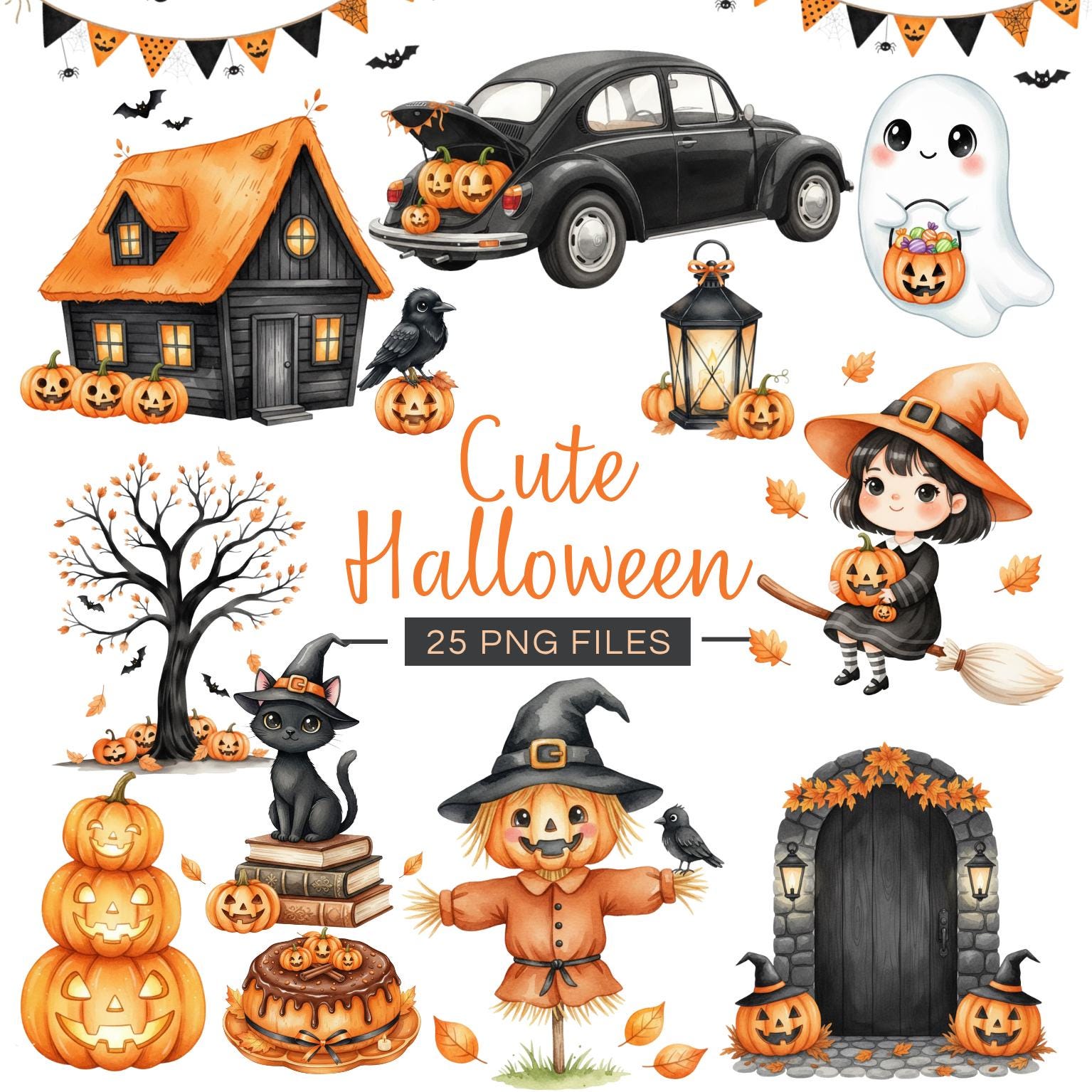 Watercolor Halloween Clipart | Cute Witch, Ghost, Pumpkin PNG Pack - Etsy