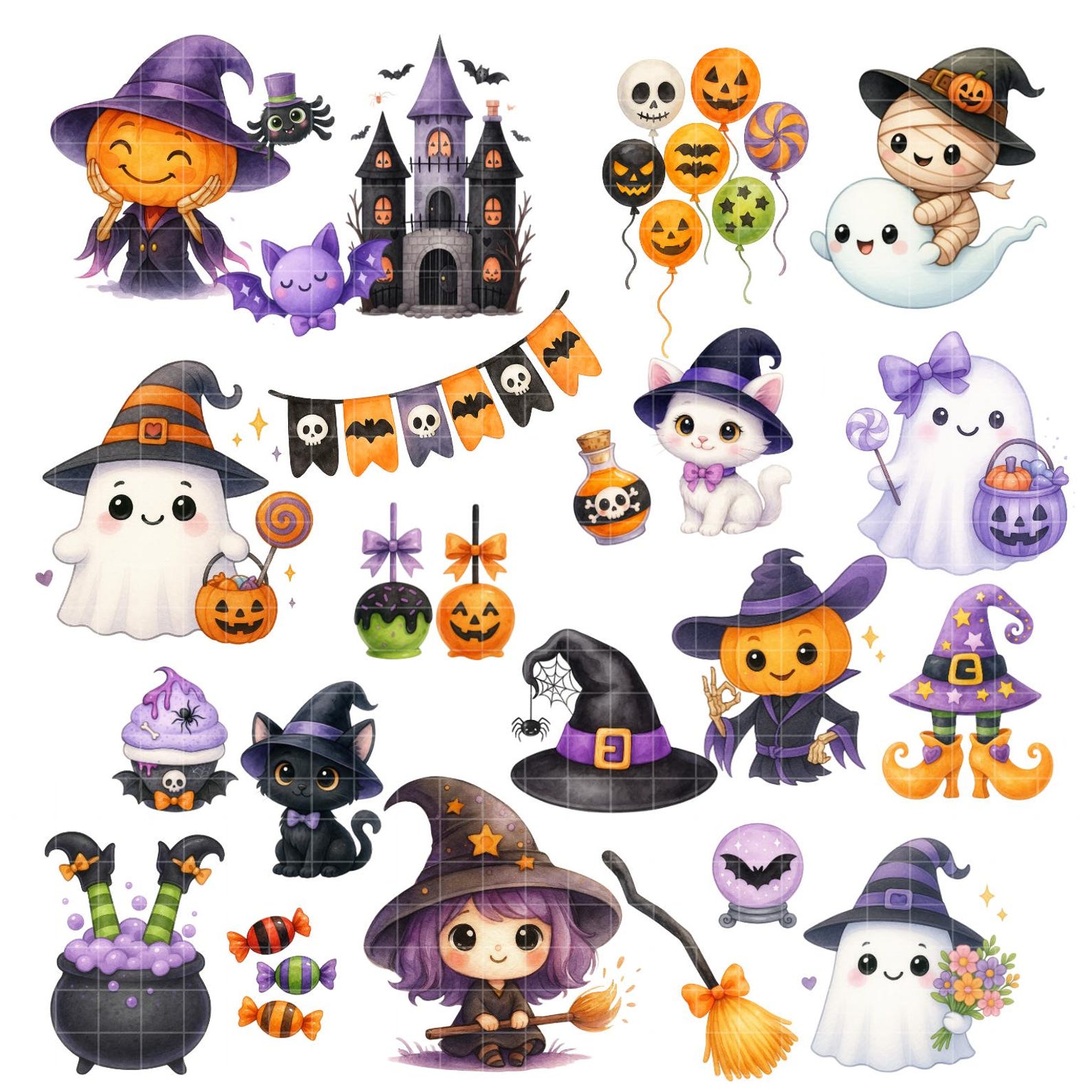 Cute Halloween Clipart | Watercolor Ghost Pumpkin Cat Bat Spider ...