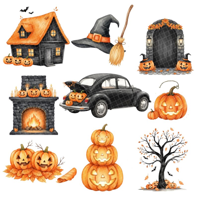 Watercolor Halloween Clipart | Cute Witch, Ghost, Pumpkin PNG Pack - Etsy