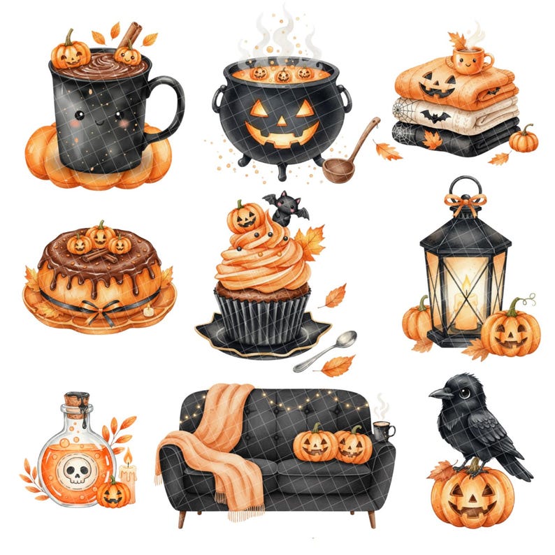 Watercolor Halloween Clipart | Cute Witch, Ghost, Pumpkin PNG Pack - Etsy