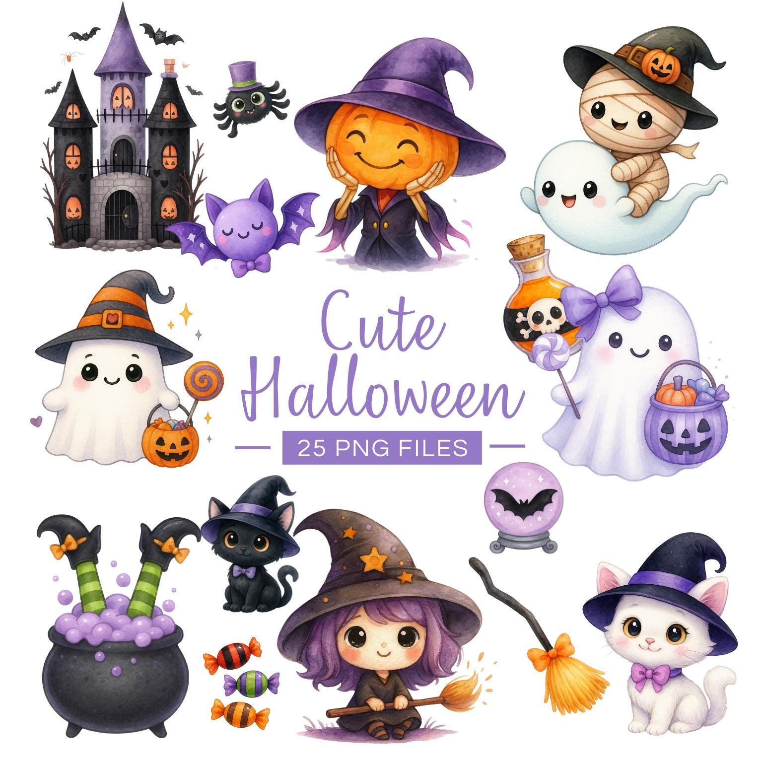 Cute Halloween Clipart | Watercolor Ghost Pumpkin Cat Bat Spider ...