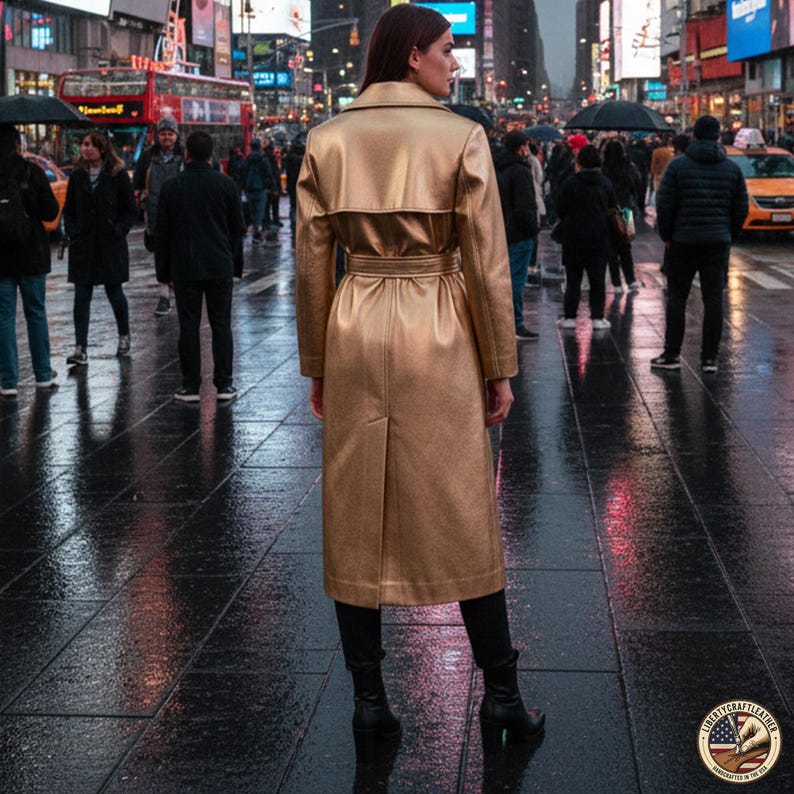 Women Gold Long Coat • Custom Made Trench Jacket • Stylish Winter ...