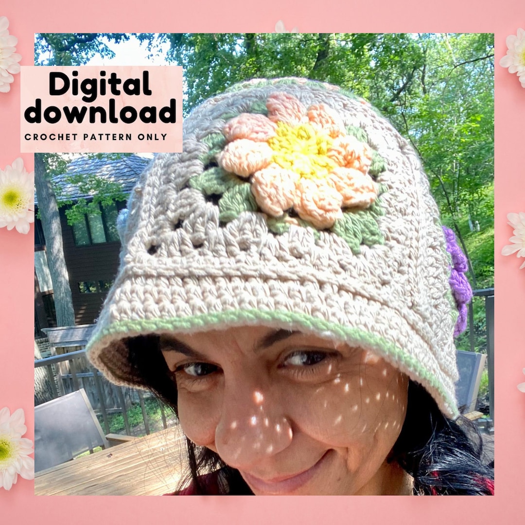 90s Crochet Bucket Hat Pattern, Summer Hats, Granny Square 3D Daisy ...