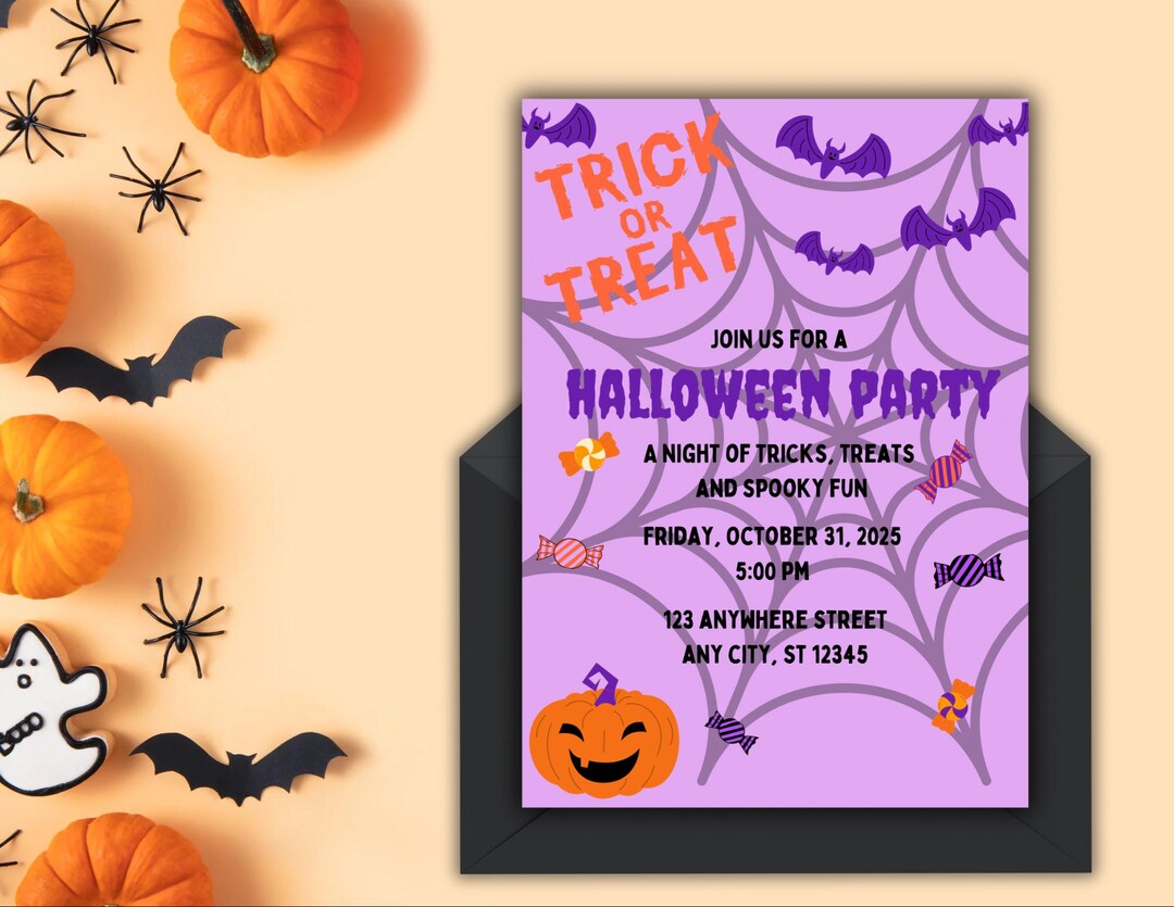 Digital Editable Halloween Purple Trick or Treat Invitation - Etsy