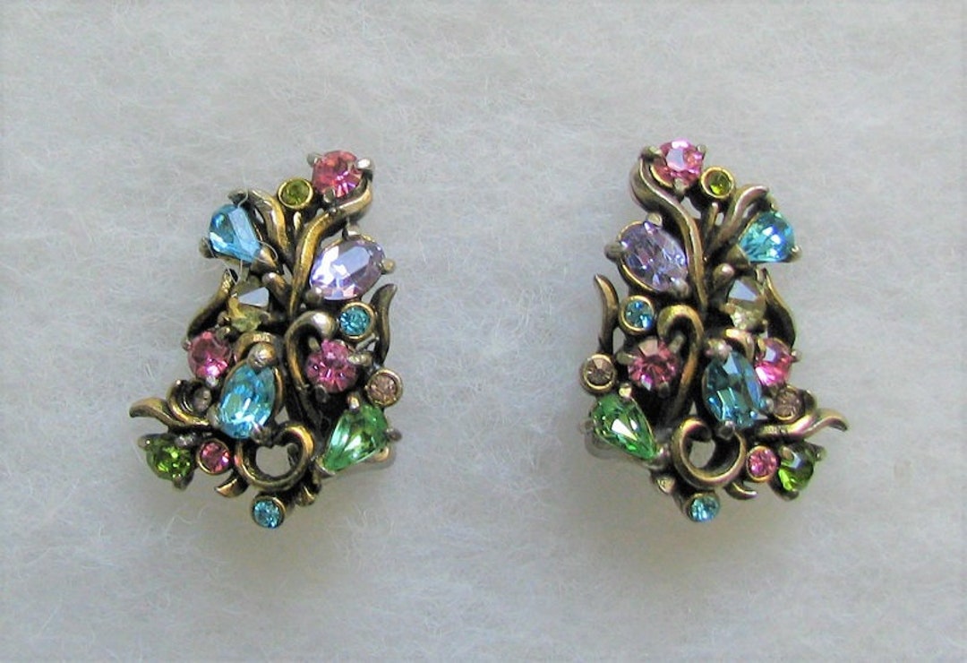 Hollycraft Copr 1951 Multi Colored Rhinestone Earrings - Etsy