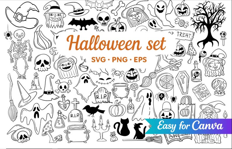 Halloween Doodle Clipart Set - Etsy