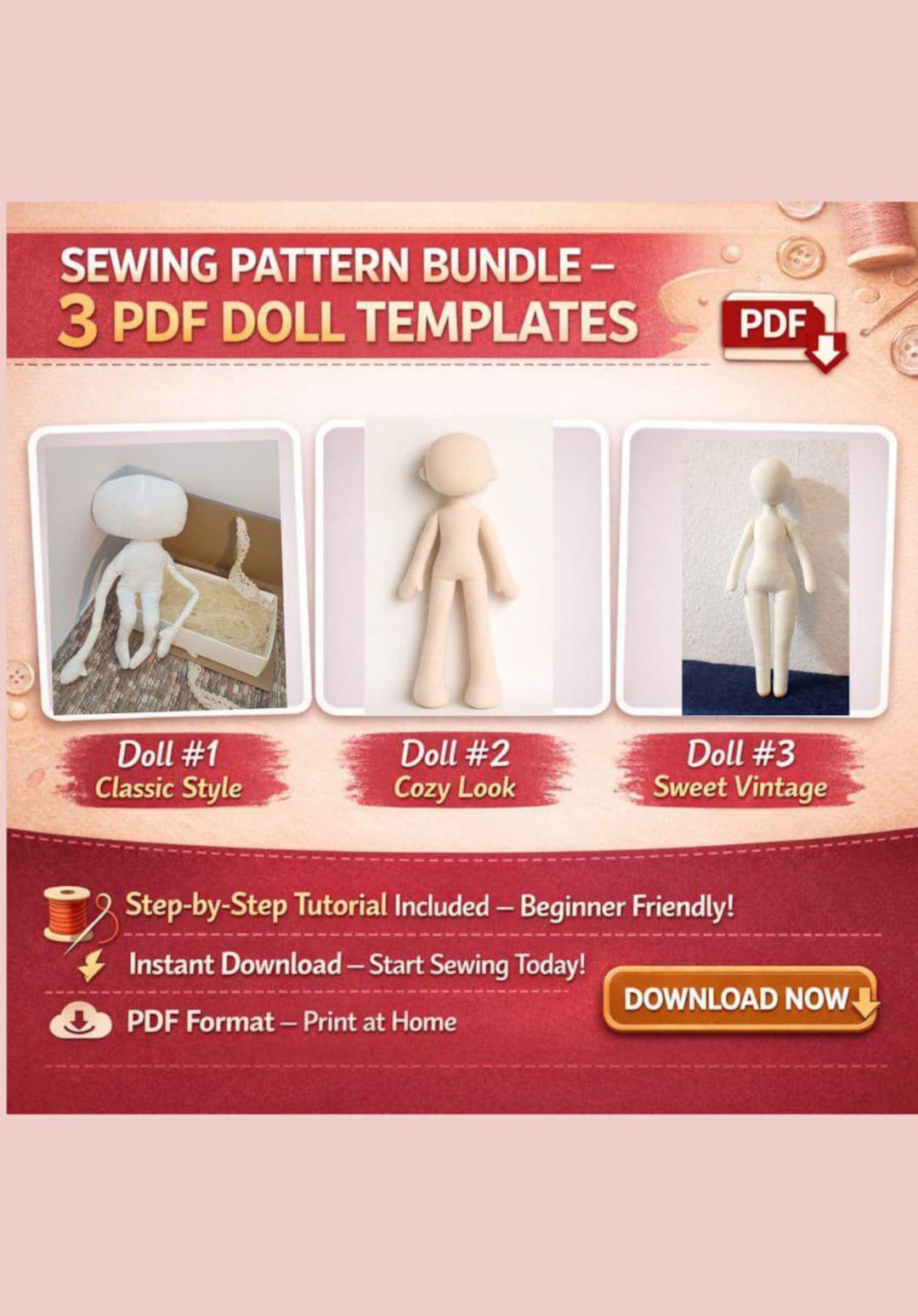Rag Doll Sewing Pattern PDF | 3 Cloth Doll Templates | Soft Toy ...
