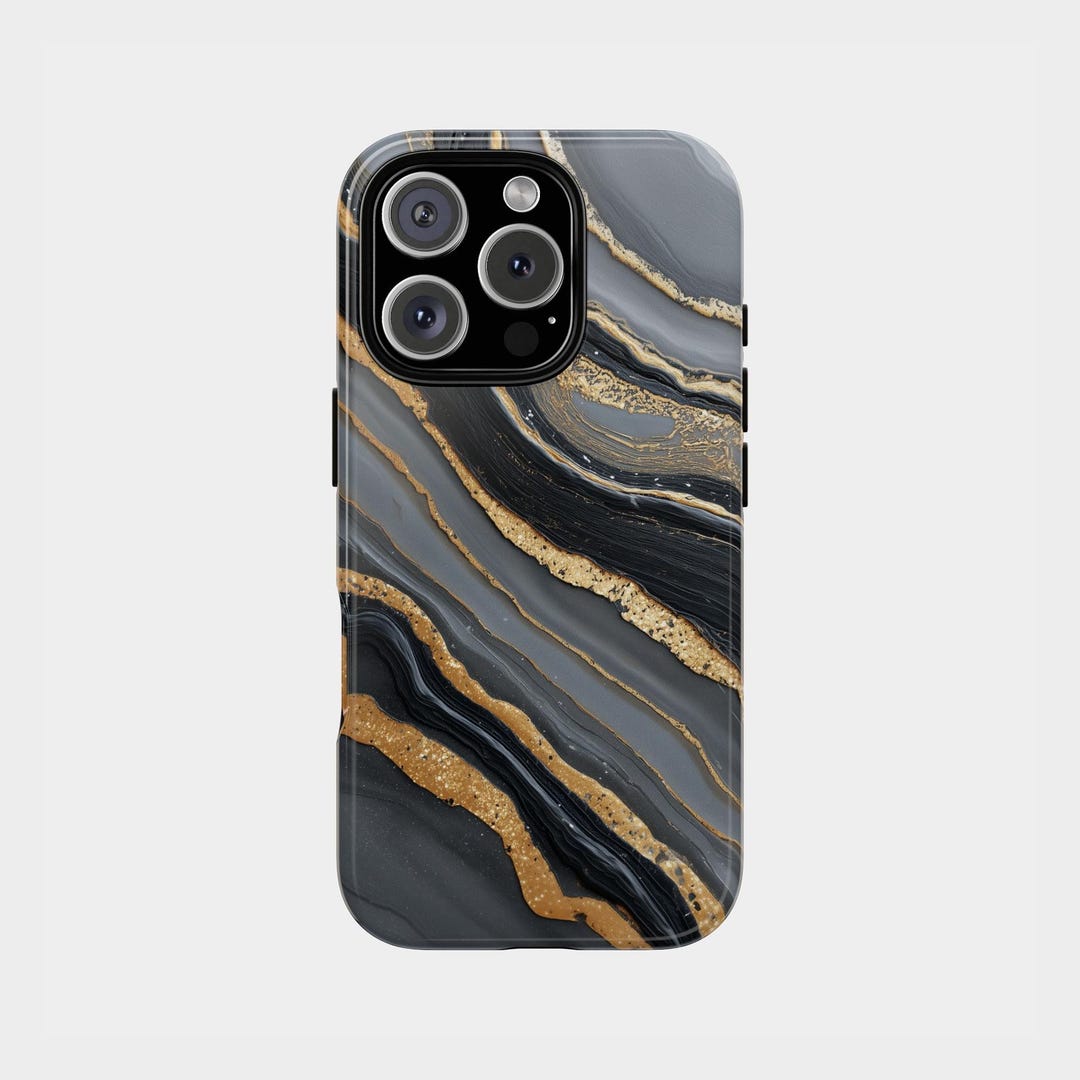 Marble Phone Case, Luxury Black and Gold Natural Onyx Stone Cover for ...