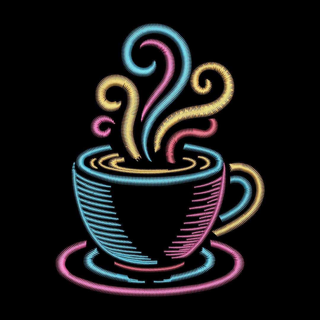 Neon Coffee Mug Embroidery Design, Hot Steam Cafe Drink Embroidery Art ...