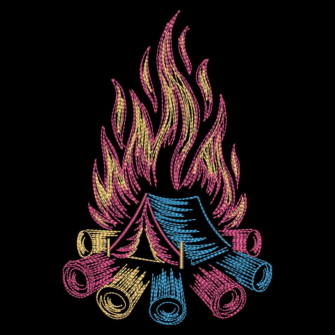 Neon Colorful Campfire Tent Embroidery Design , Logs Flames Travel Camp ...