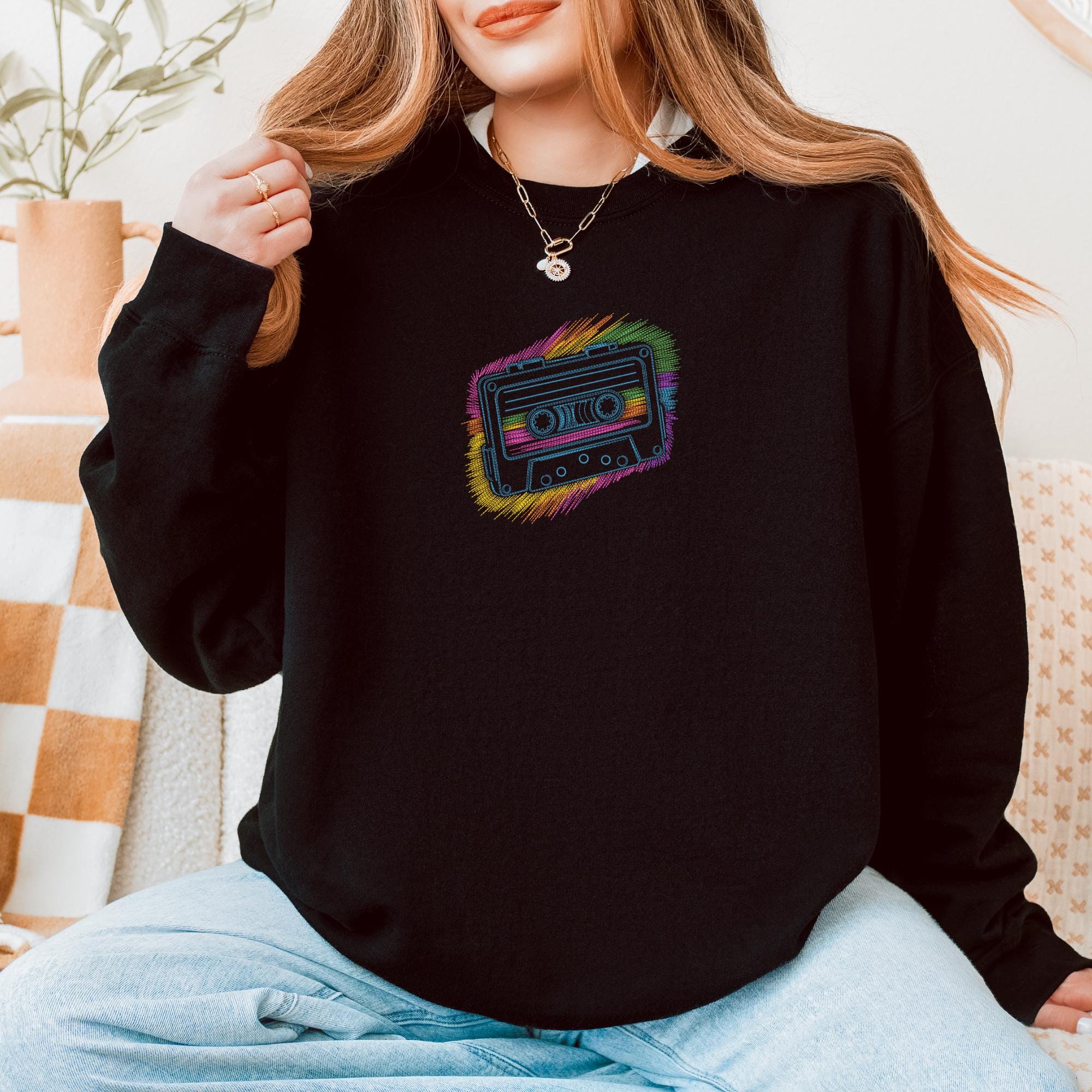 Cassette Tape Embroidery Design, Retro Neon Music Tape Machine ...
