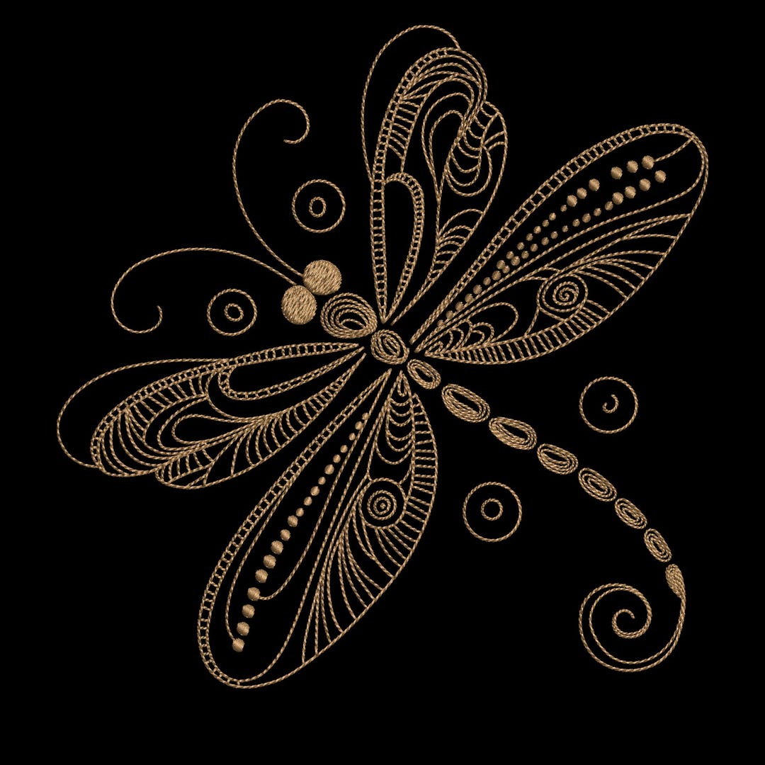 Golden Dragonfly Embroidery Design, Metallic Insect Outline Pattern ...