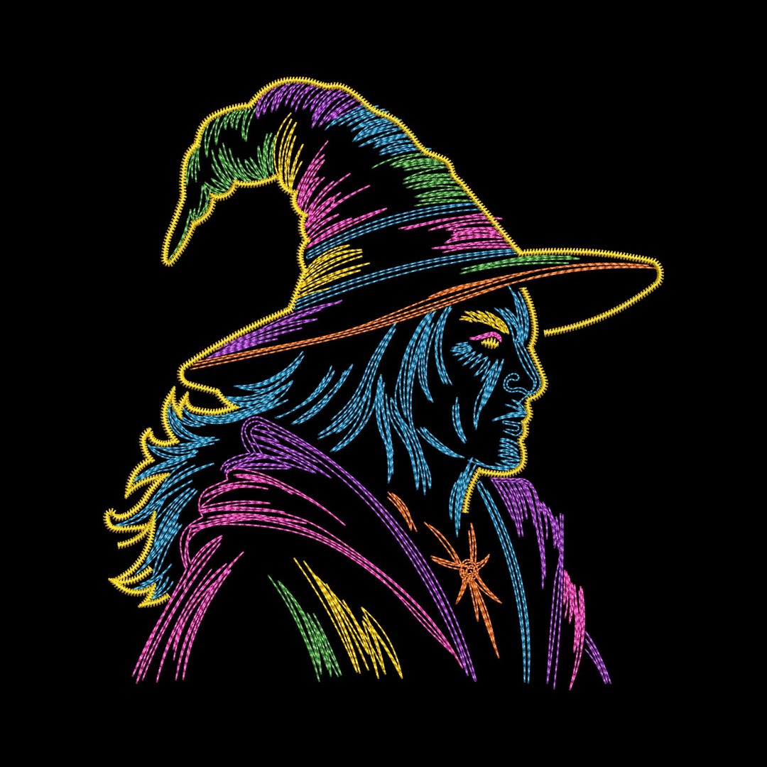 Neon Witch Portrait Embroidery Design, Magic Woman Fantasy Embroidery ...