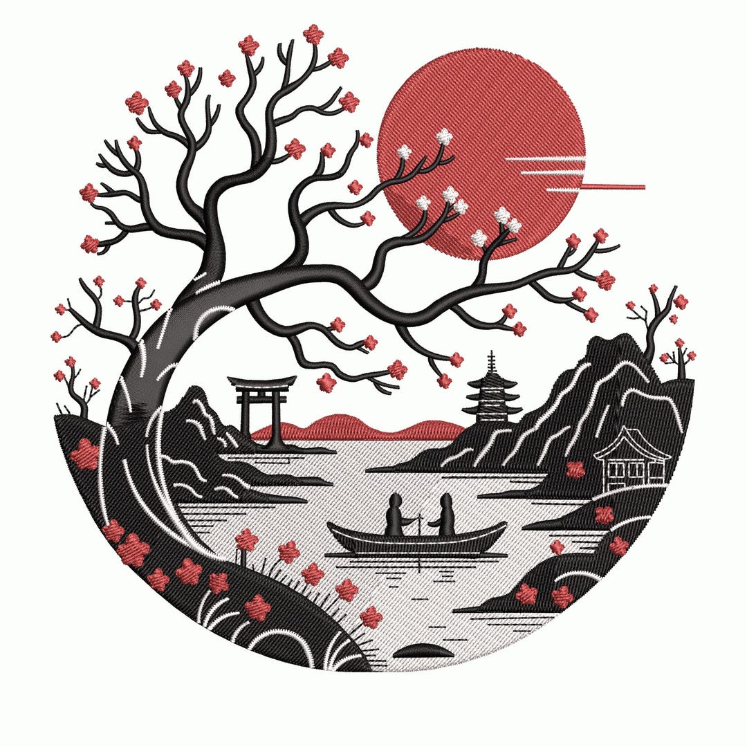 Sunset Lake Embroidery Design, Red Moon Water Reflection Landscape ...