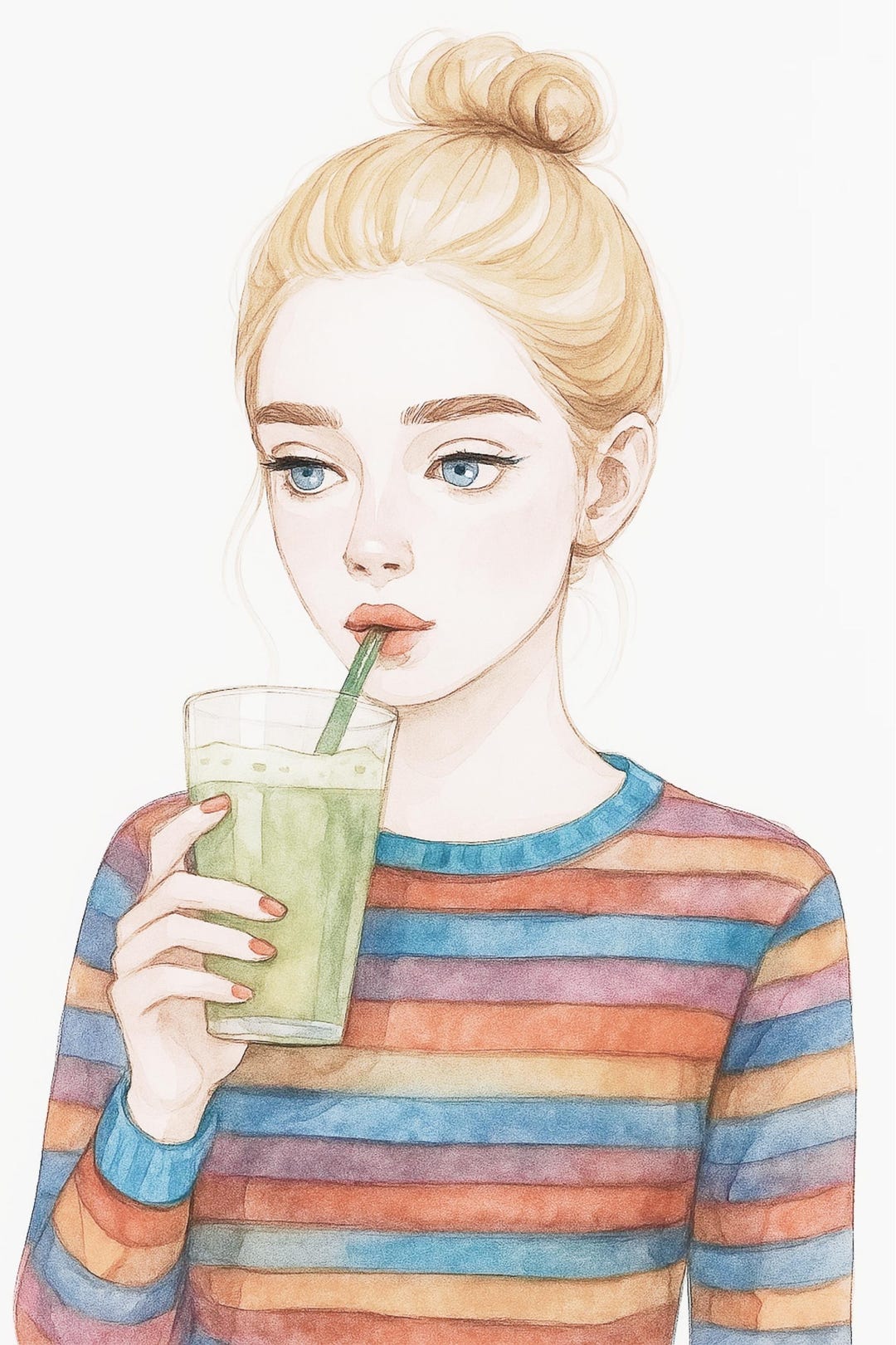 Matcha Girl Watercolour Portrait Print: Modern Kitchen Art (digital ...