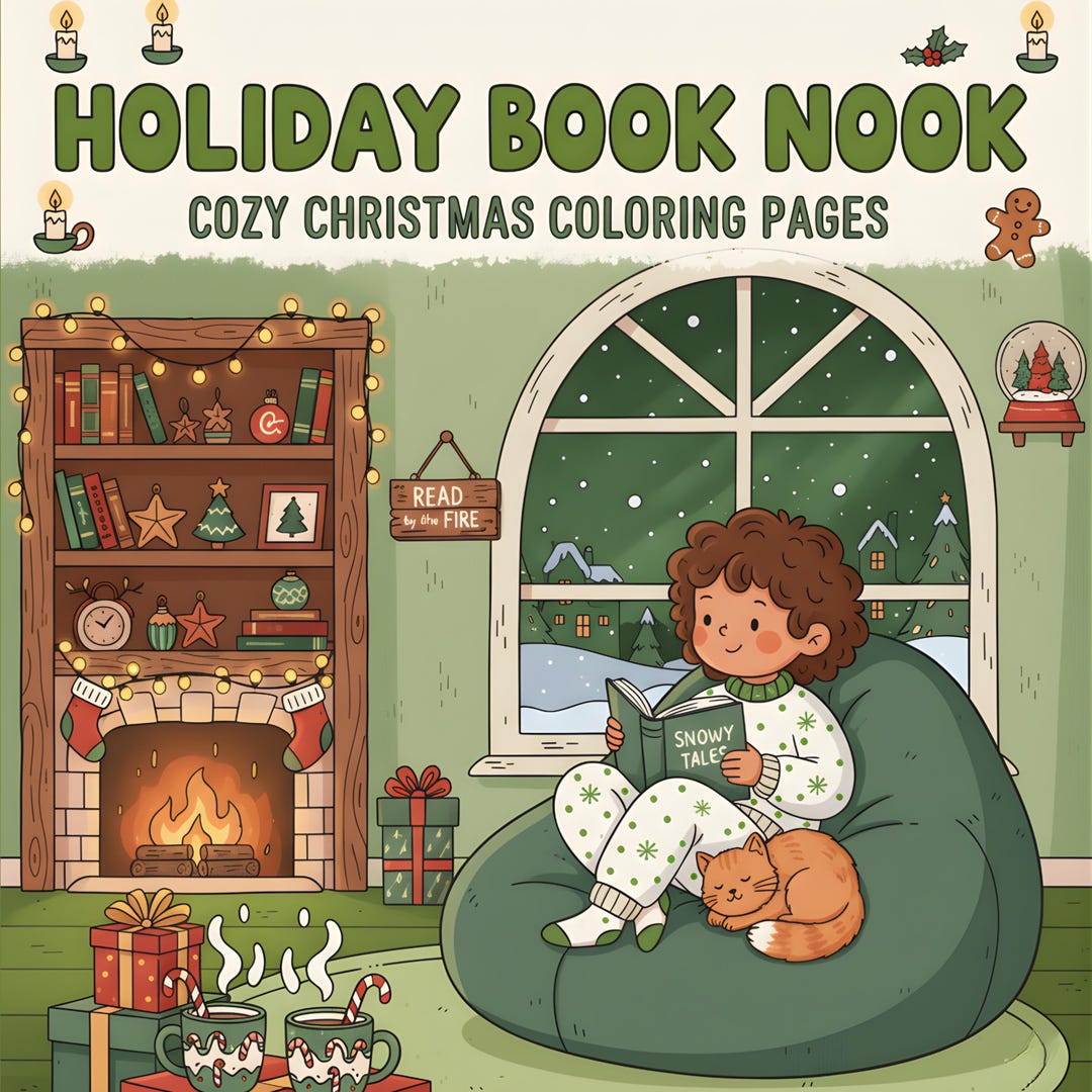 Christmas Book Nook Coloring Pages – Cozy Winter Scenes (PDF Download ...