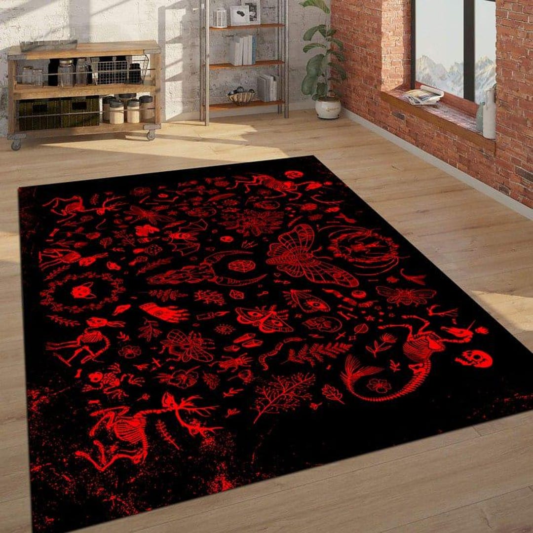 Black Gothic Skeleton Rug, Red Art Pattern Carpet, Dark Aesthetic Area ...