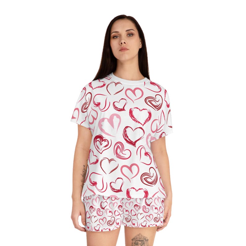 Pink Red Heart Pattern Women's Pajama Set | Short Sleeve Top and Shorts ...