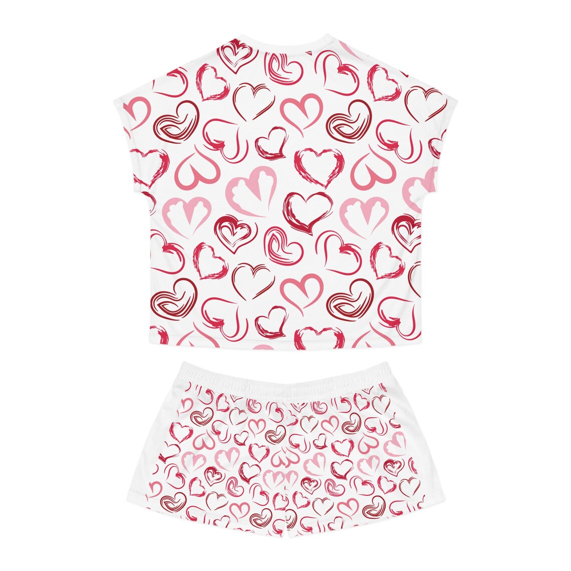 Pink Red Heart Pattern Women's Pajama Set | Short Sleeve Top and Shorts ...