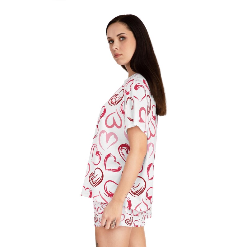 Pink Red Heart Pattern Women's Pajama Set | Short Sleeve Top and Shorts ...