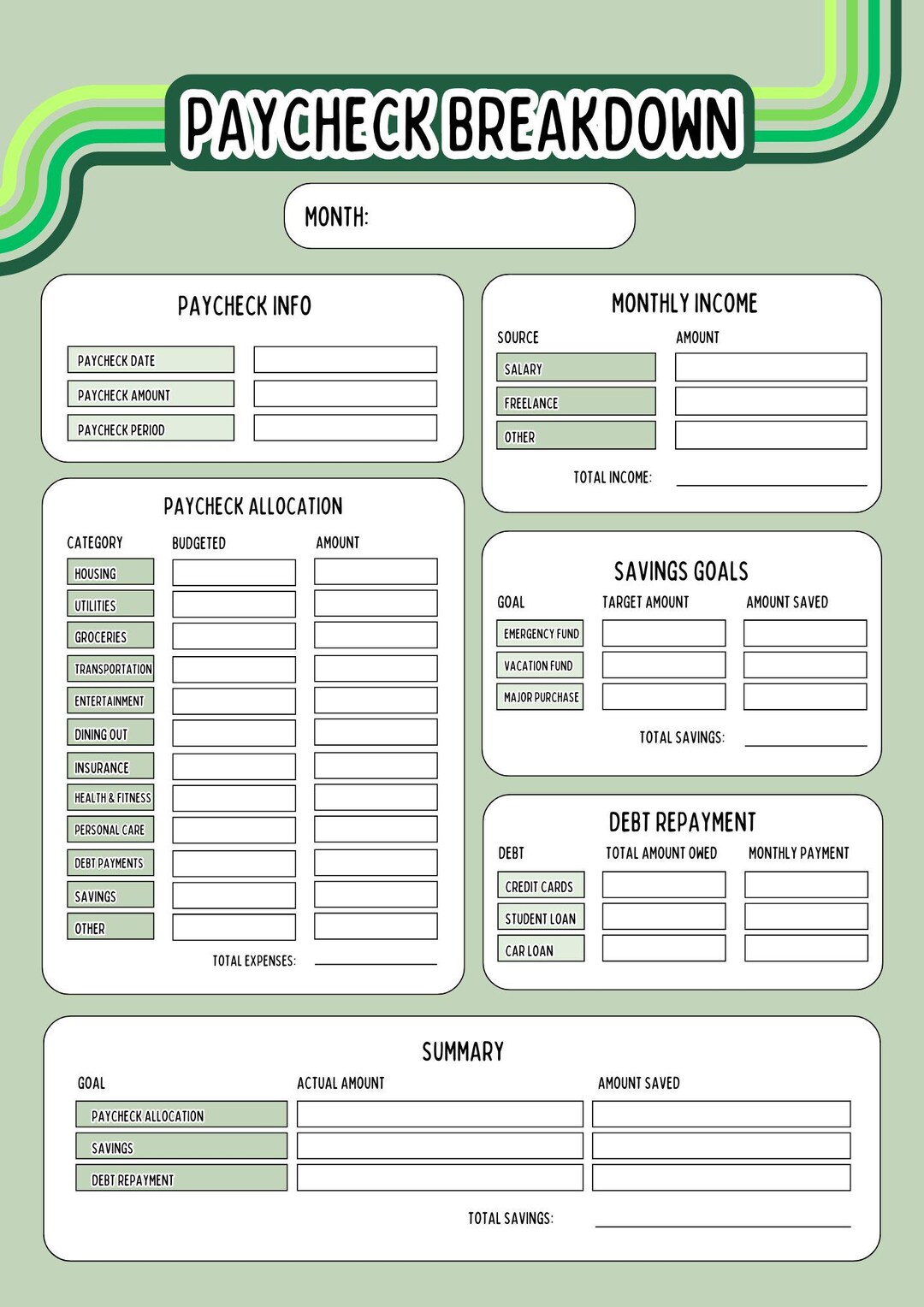 Green Paycheck Breakdown| Canva Savings Tracker | Digital Download ...