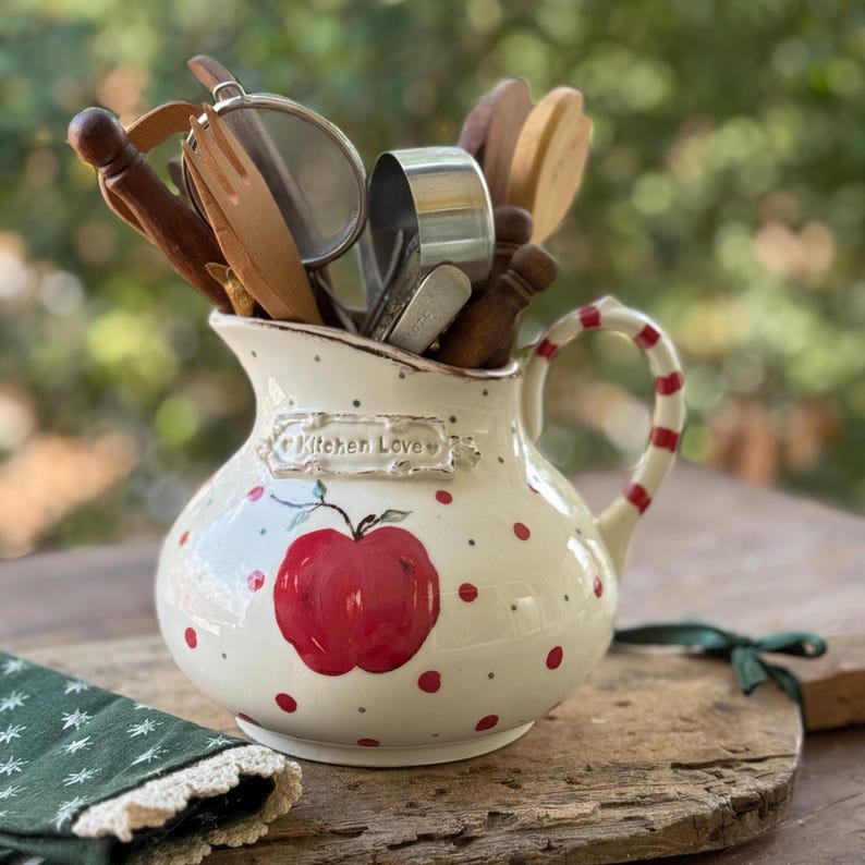 Handmade Stoneware Pitcher Vase, Hand Painted Apple Design Ceramic ...