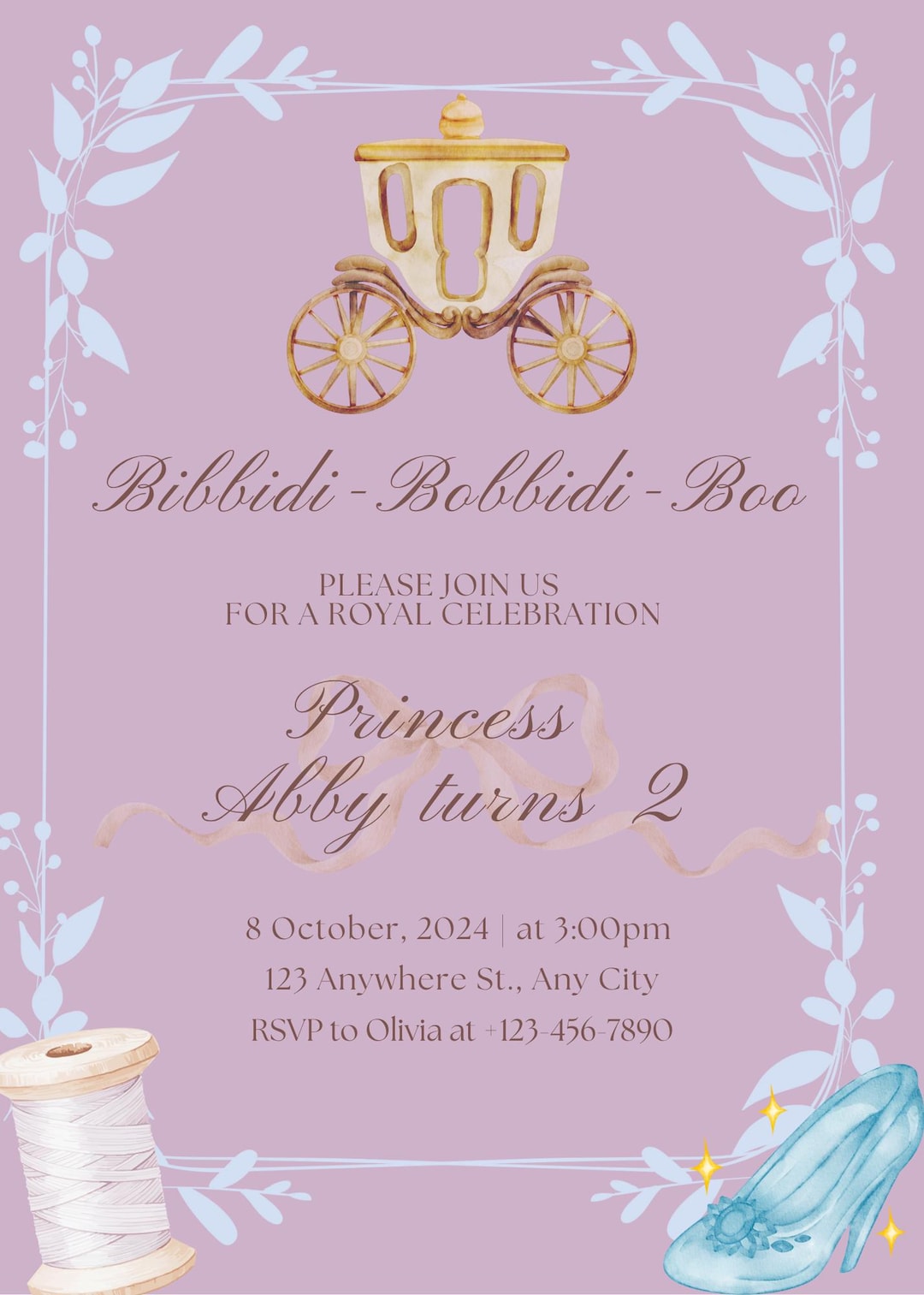 Bibbidi-bobbidi-boo Birthday Cinderella Princess Invitation: Editable ...