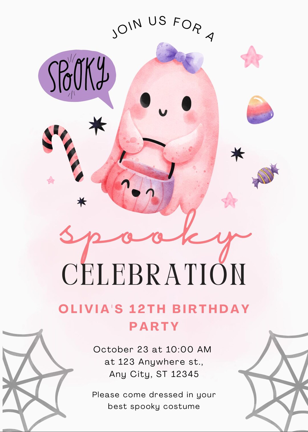 Spooky Girl Ghost Birthday Invitation: Editable Canva Template (5x7 ...