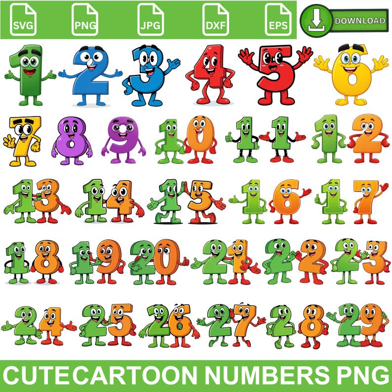 Cute Cartoon Numbers Clipart Bundle, 1–30 Number Characters PNG, Kids ...