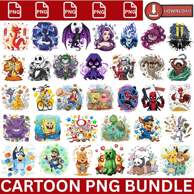 Cartoon PNG Bundle, 60 Colorful Detailed PNG Designs, Cartoon ...