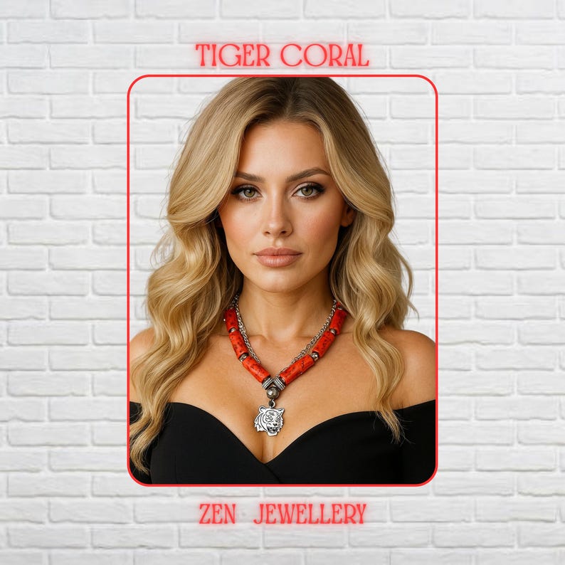 TIGER PENDANT | Necklace With Red Bold Coral | Handmade Rhinestone ...