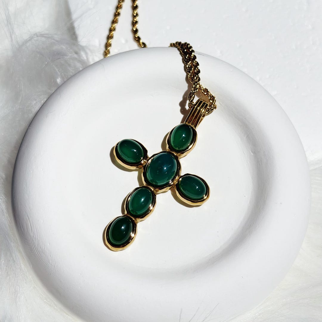 Emerald Green Cross Necklace, 18k Gold Plated Statement Pendant ...