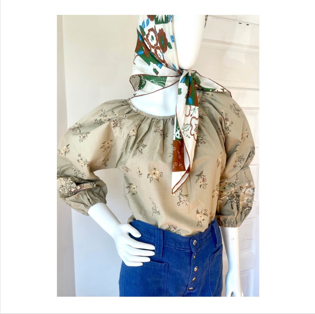 Vintage 1970s 1980s Taupe Cream Floral Cotton Peasant Top Size Small - Etsy