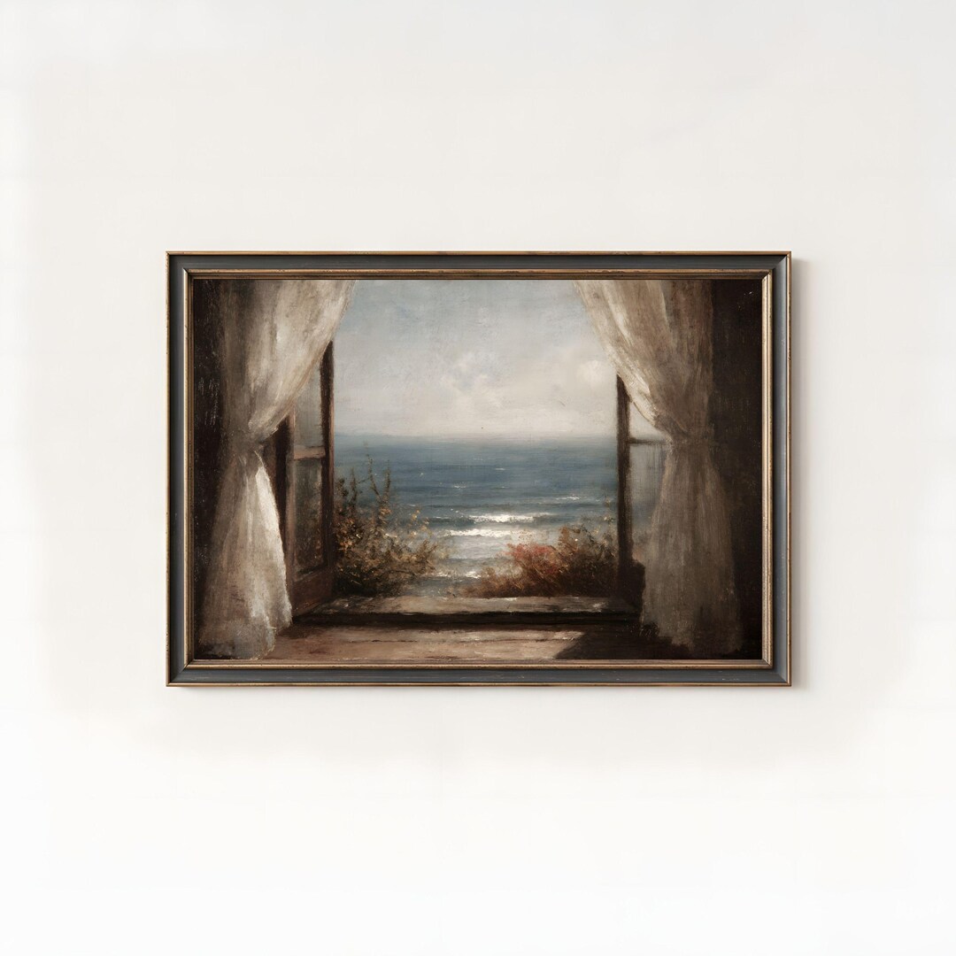 Vintage Ocean View Oil Painting, Window Seascape Art, Romantic ...