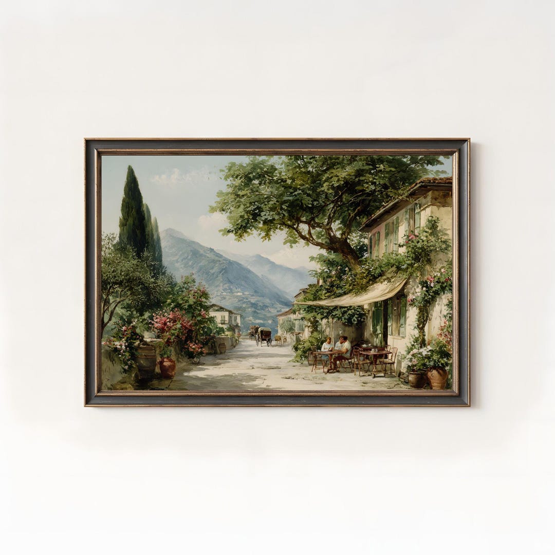 Italian Village Oil Painting, Vintage Mountain Valley Art, Romantic ...